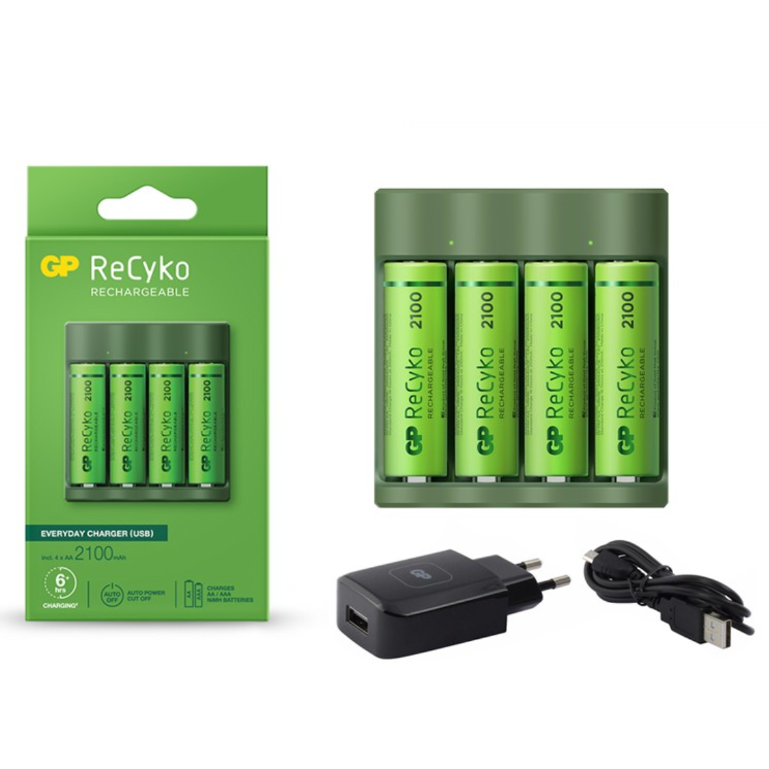 GP ReCyko USB Charger With 4 X 2100mAh AA Rechargeable Battery