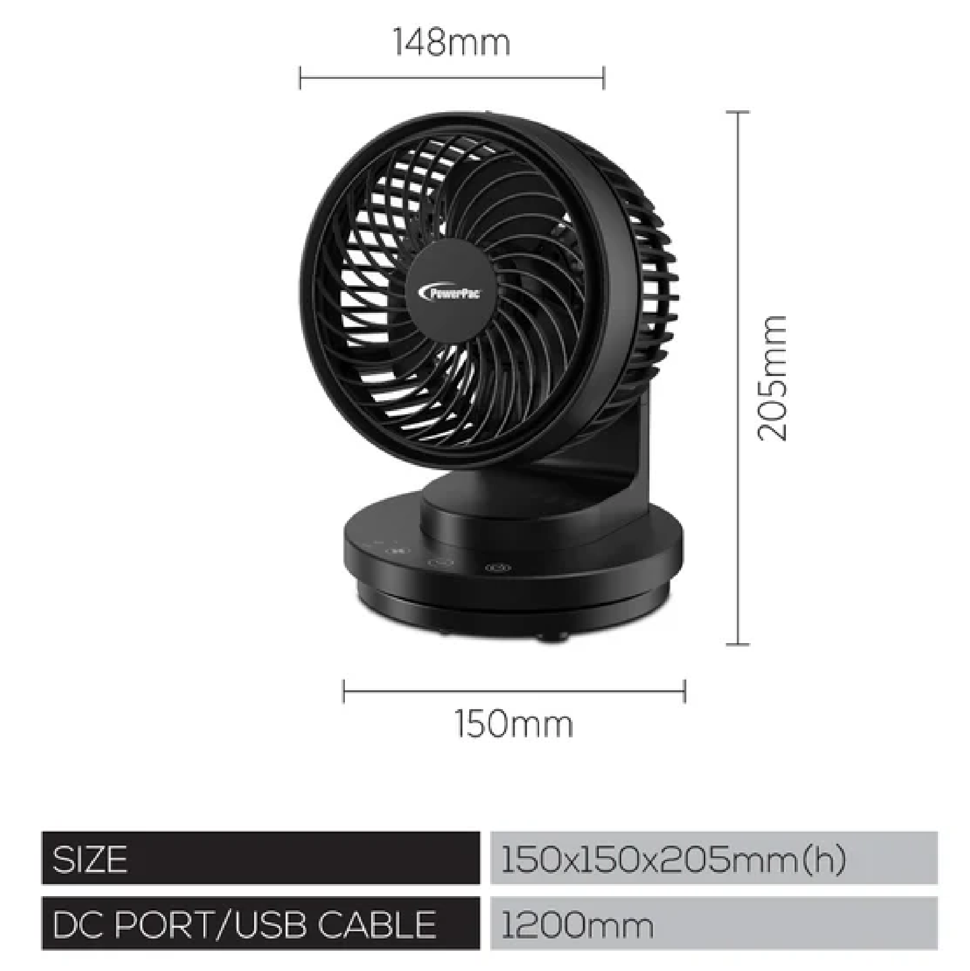 PowerPac USB Desk Fan With 3-SPEED Setting And Oscillation BLACK
